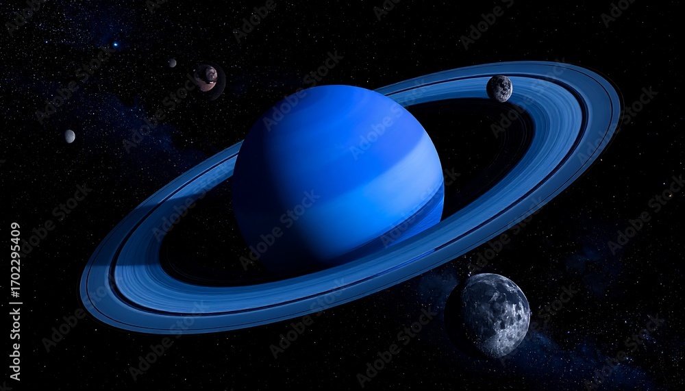 Blue gas giant planet with rings and moons in deep space. Stock Photo ...
