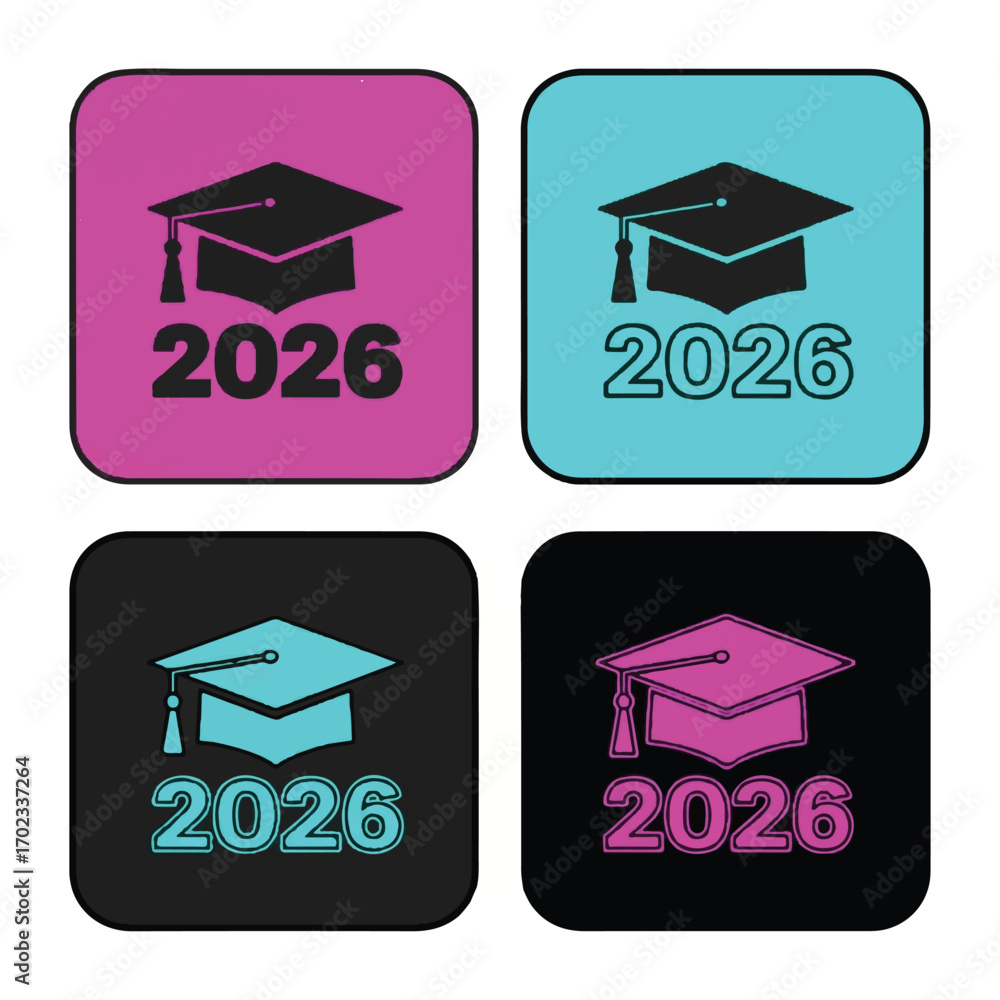 Four square illustrations featuring graduation caps with the year 2026 ...
