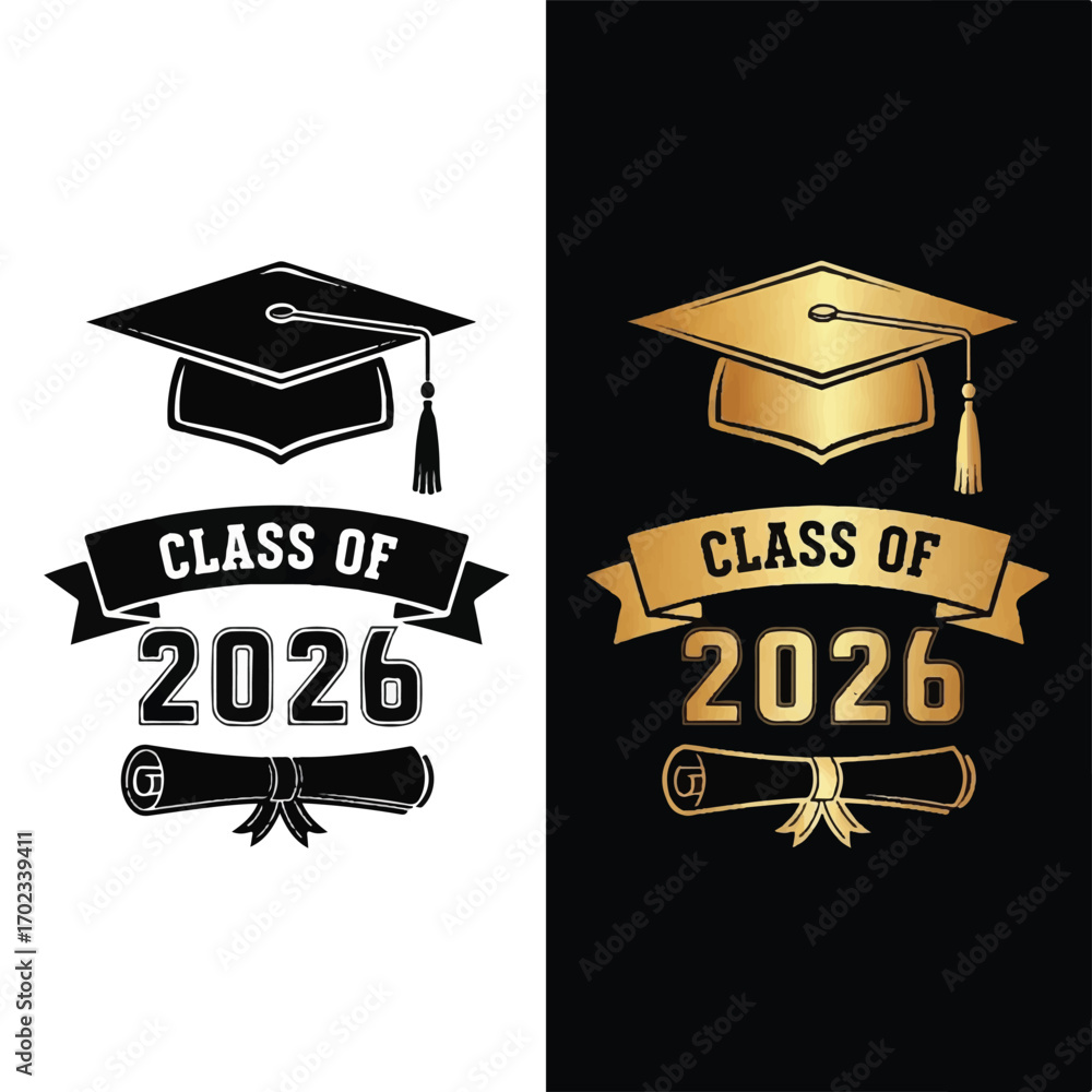 Class of 2026 graduation emblems in black and gold, featuring a ...