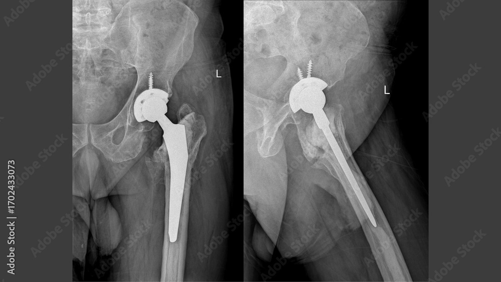 Стоковое фото «Post-operative X-ray of left hip showing total hip ...