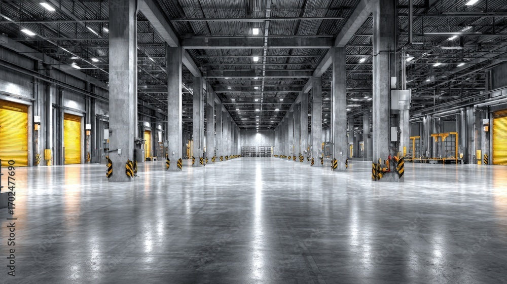 Vast Industrial Warehouse Interior with Concrete Columns, High Ceilings ...