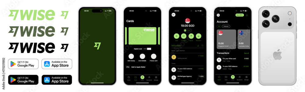 Wise Neo Banking UI template 2025 update shown on iPhone 17 in dark ...