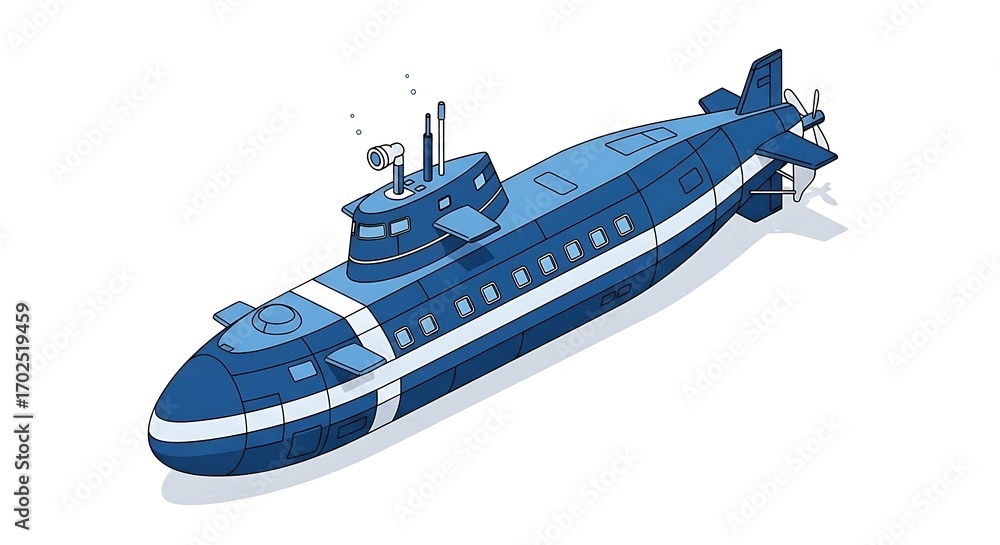 Blue Submarine Isometric Illustration with Periscope and Propeller ...