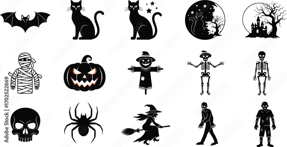 Halloween black and white vector icons with bats, cats, haunted house ...