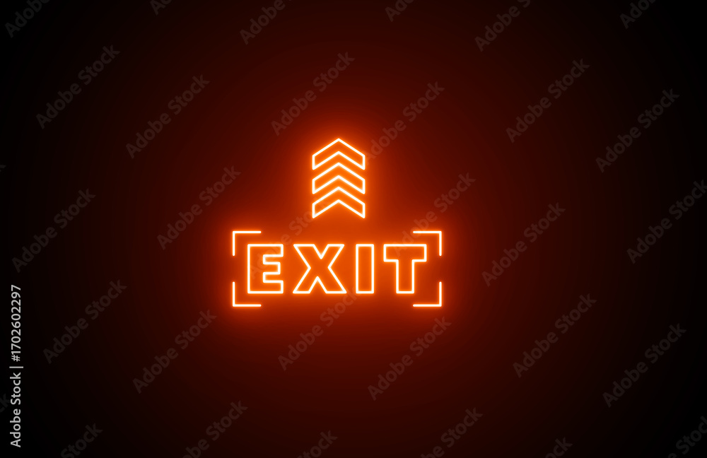 Upside neon glowing orange and fire color emergency exit icon on black ...