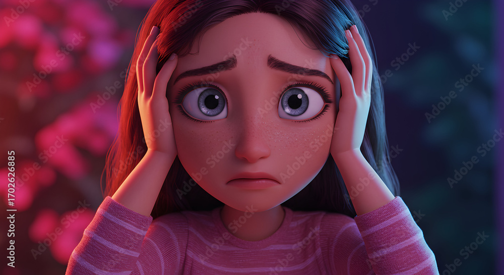 Animated Young Girl with Freckles Holds Her Head in Distress, Wide Eyes ...
