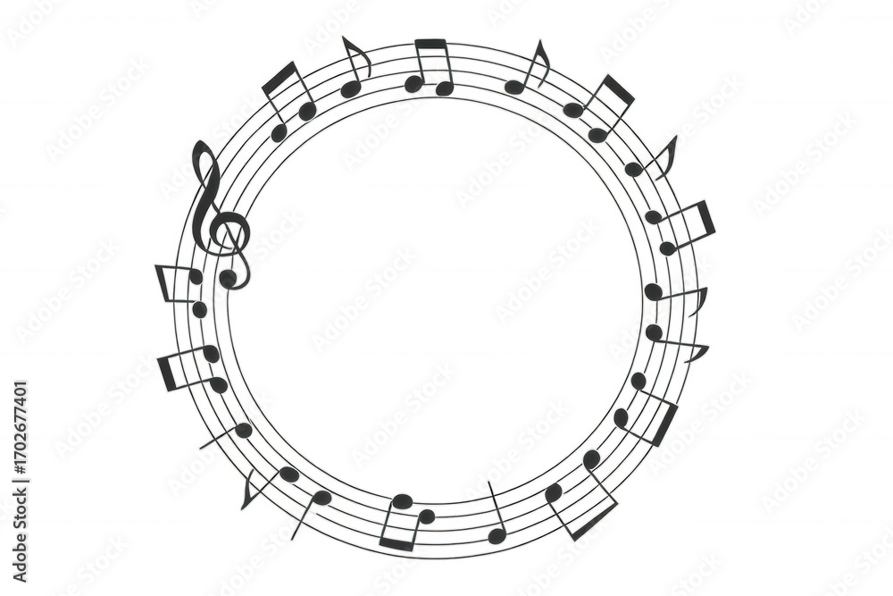 Musical notes creating a circular frame on a transparent background ...