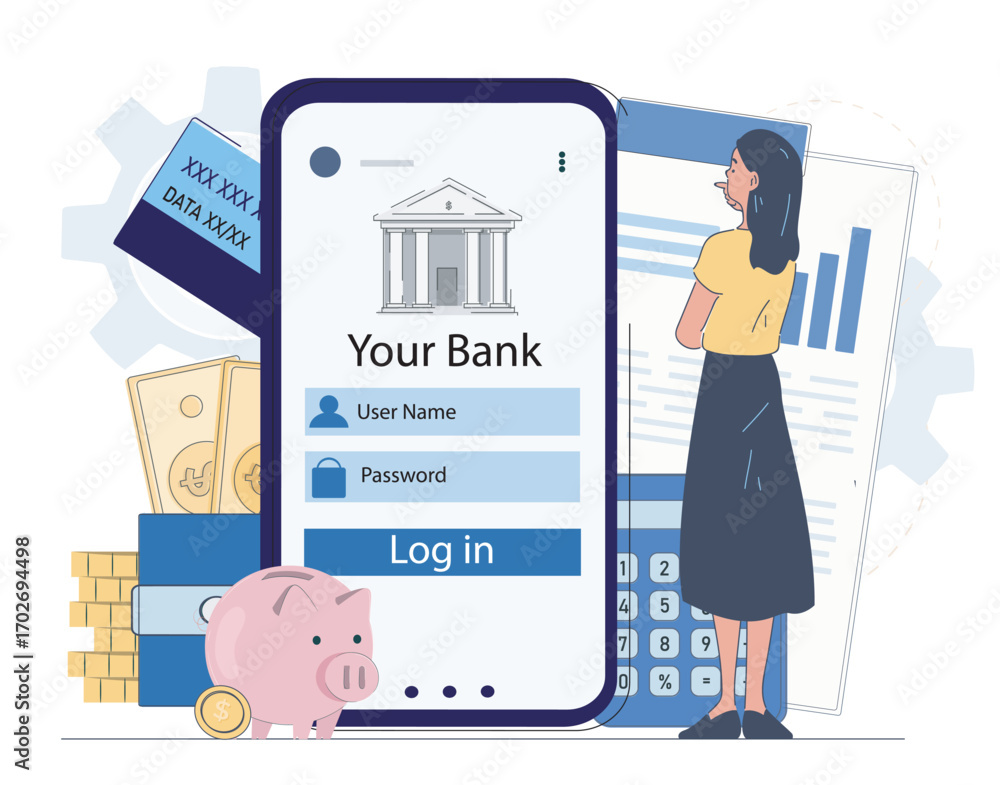 Woman standing near smartphone with banking login screen, piggy bank ...