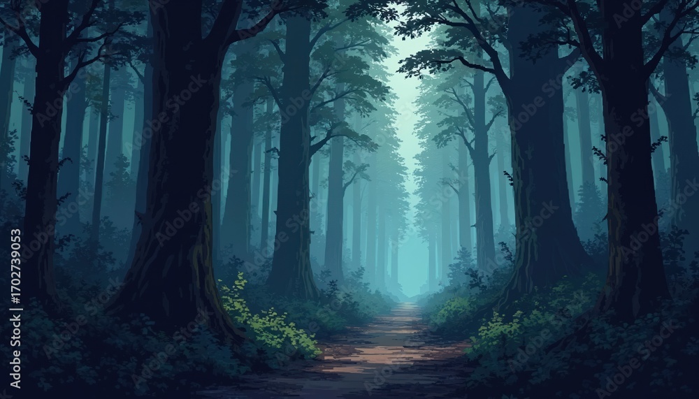Stock-Illustration „Retro pixel art of dark misty forest creating ...