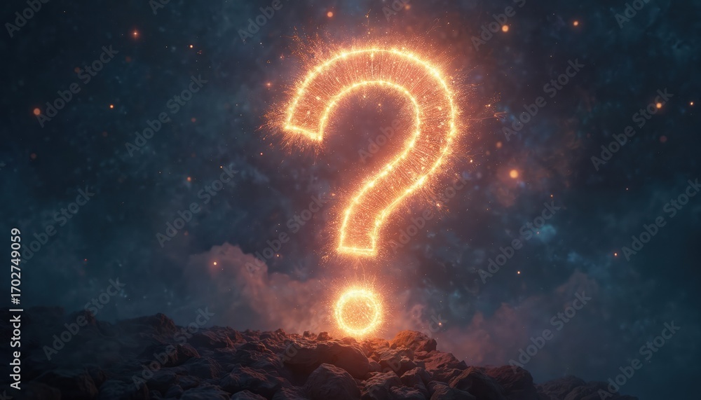 Illustration sparkling question mark on dark universe background ...