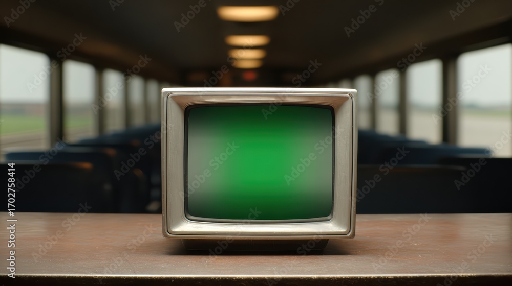 Retro TV with green screen in the centre of empty train carriage with ...