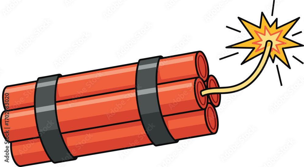 Cartoon dynamite bundle with lit fuse and explosion—ideal for danger ...