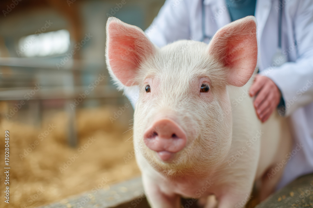 Veterinarian examining healthy piglet in modern pig farm barn closeup ...