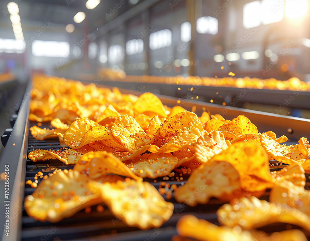 Golden crispy potato chips move along a conveyor belt inside a modern ...