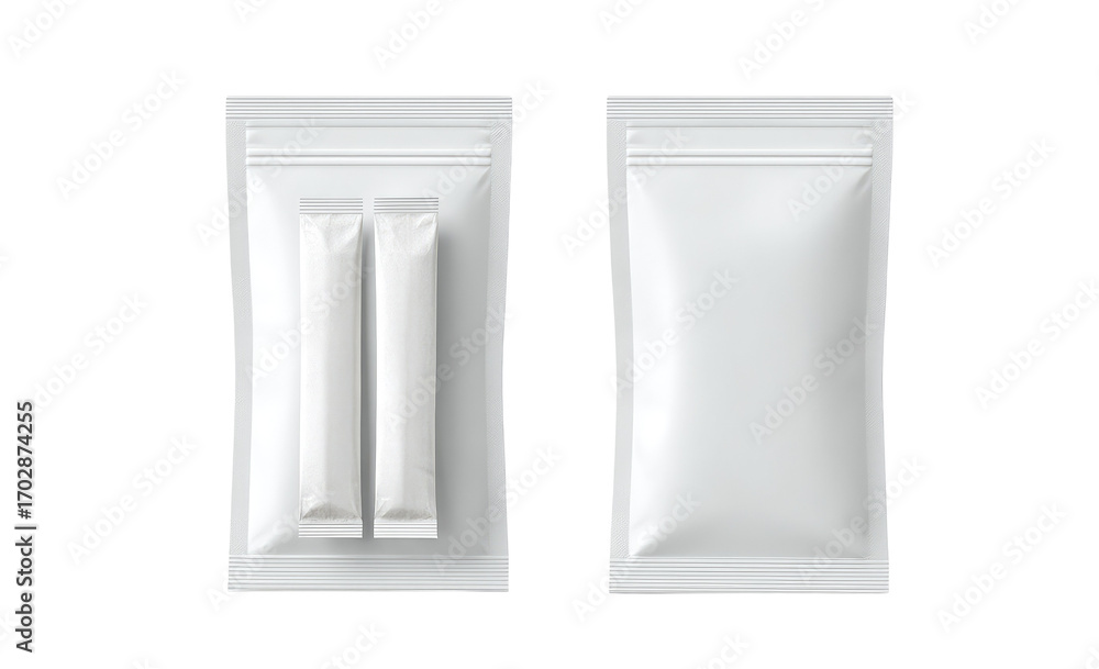 Two identical white, rectangular, foil-sealed pouches, side-by-side ...