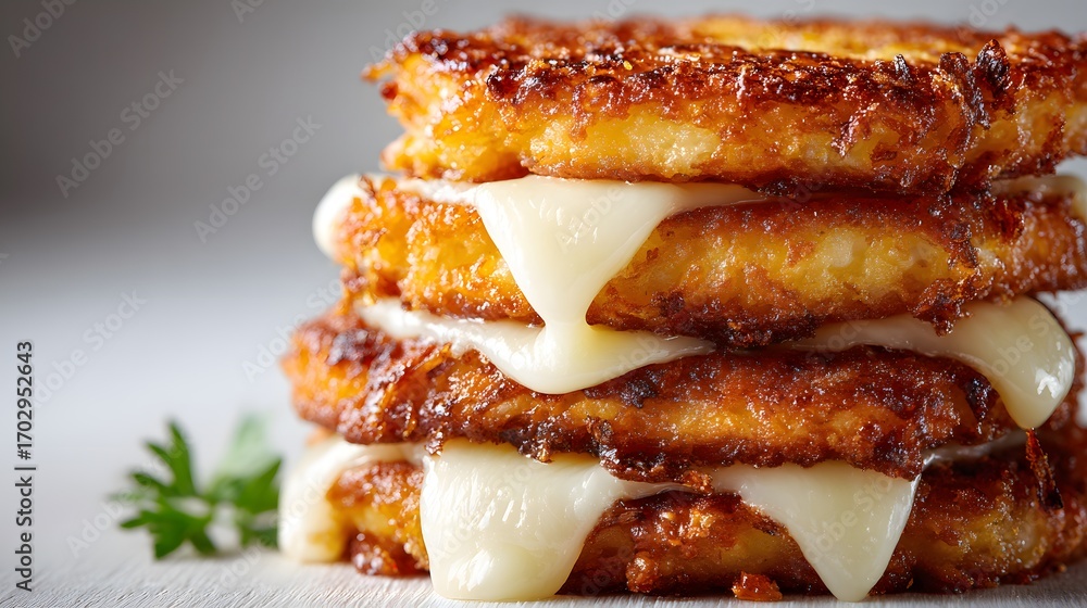 Towering stack of golden-brown, crispy hash brown patties with melted ...