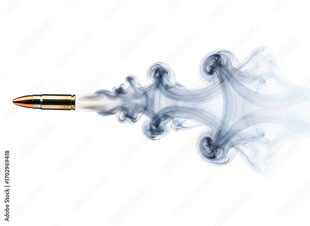 Bullet in motion with muzzle flash and smoke isolated on transparent ...