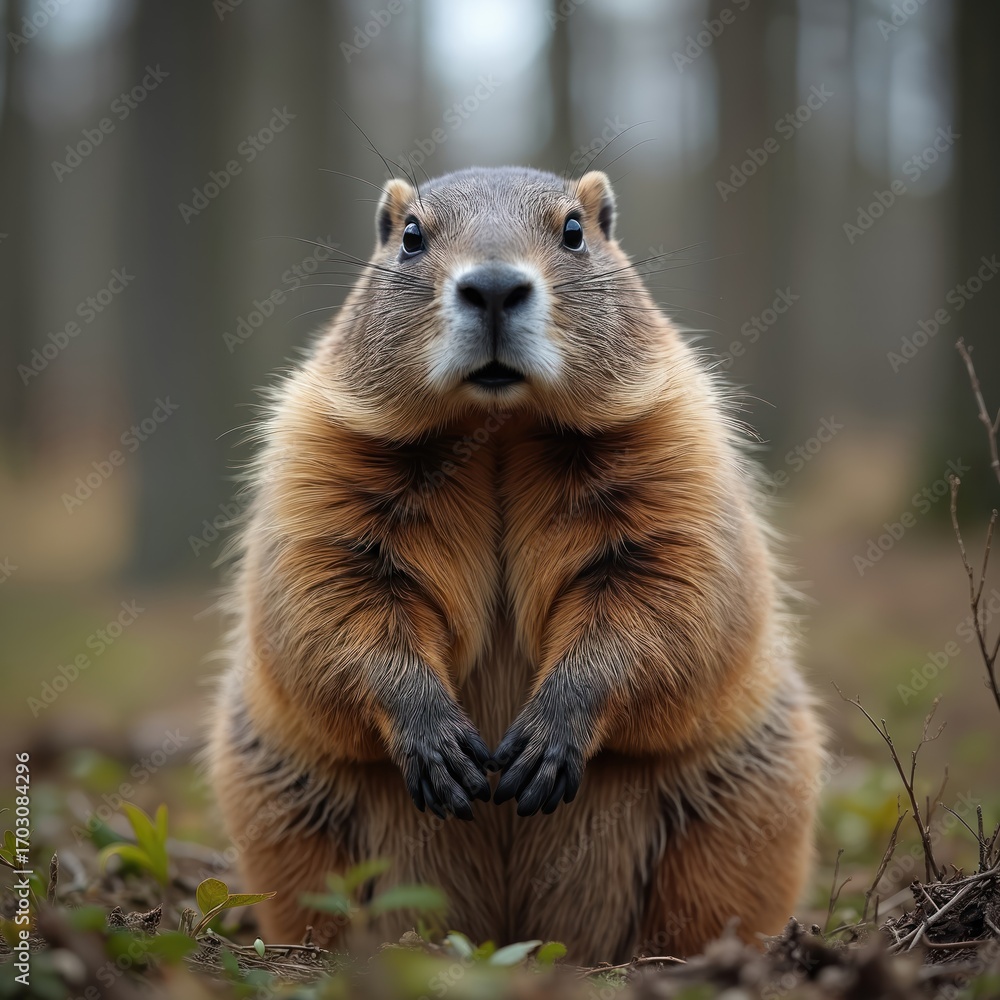 Foto de Stock Curious groundhog, also known as woodchuck, stands ...