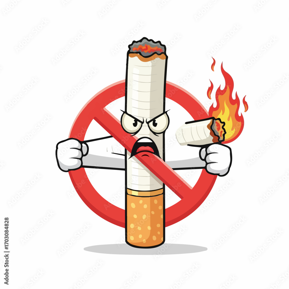 An angry cartoon cigarette, crossed out by a red prohibition sign ...