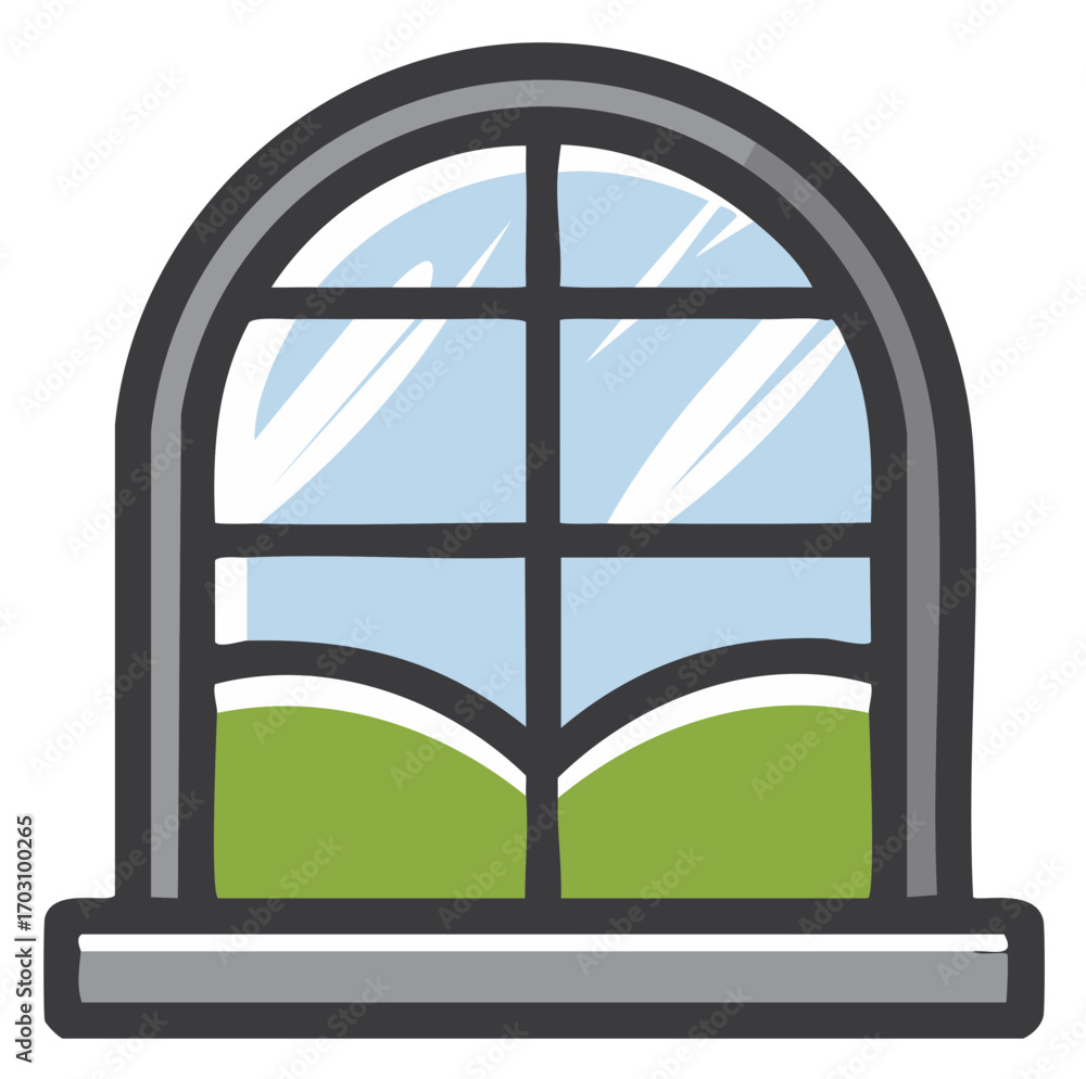 Cartoon arched window with multiple panes revealing a peaceful view of ...