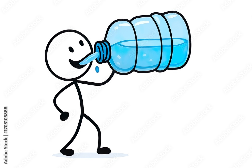 Cartoon stickman drinking water from big bottle hydration concept Stock ...