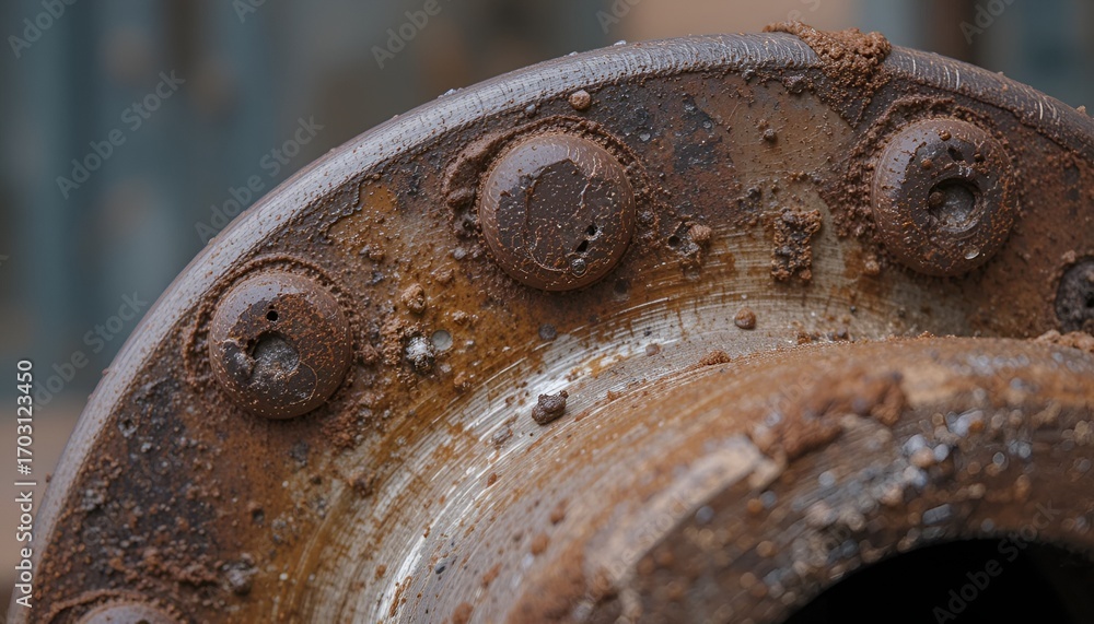 Close-up of rusted metal flange with corroded bolts shows texture and ...