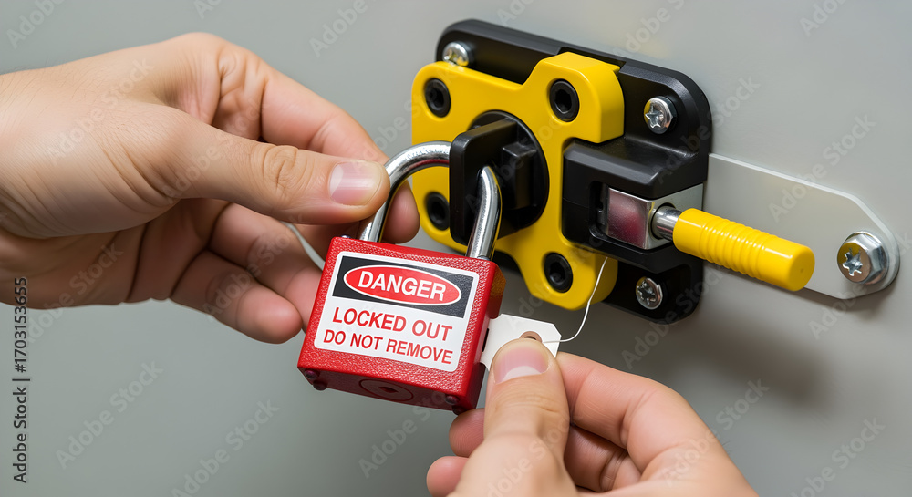 Lockout Tagout Process with Person Securing Red Danger Padlock with ...