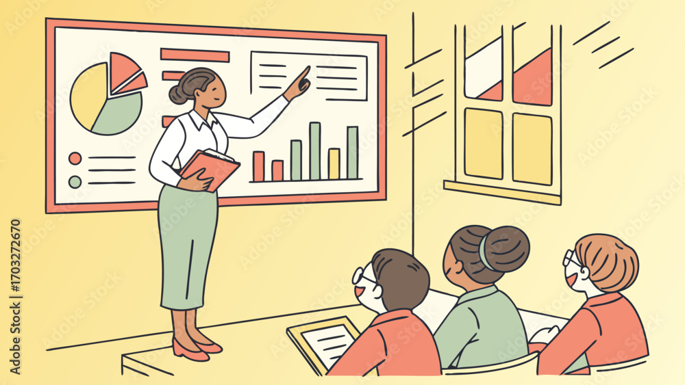 Teacher presenting data charts and graphs to students in a classroom ...