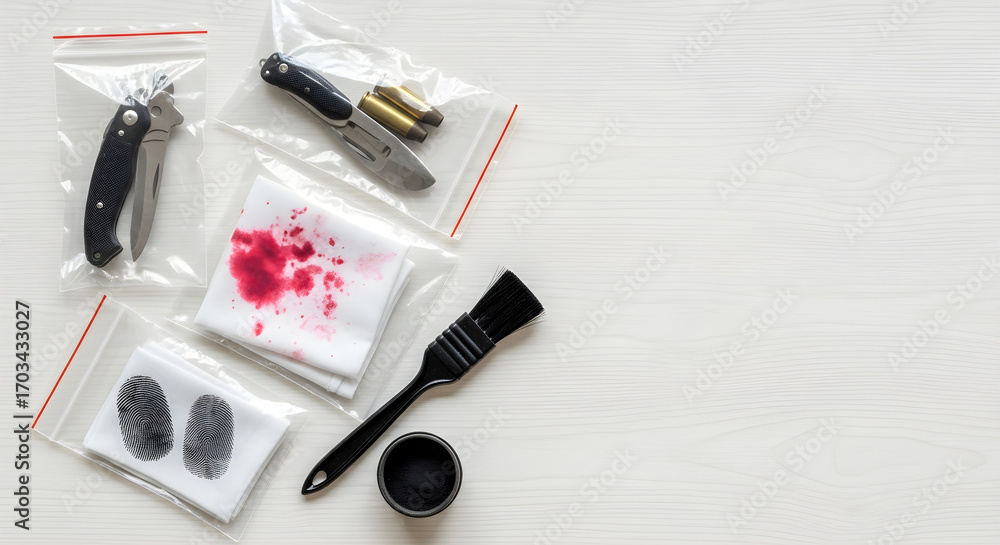 Crime scene evidence including knives, bullets, bloodied cloth ...