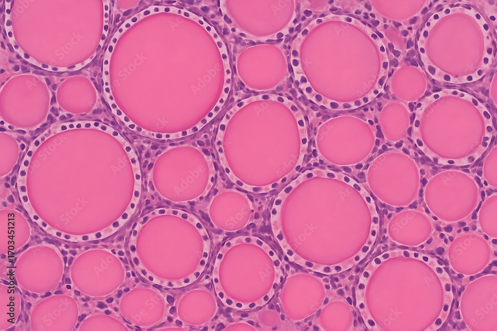 Microscopic view of thyroid gland tissue showing follicles and colloid ...