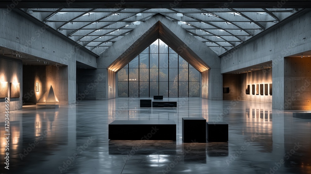 Minimalist Contemporary Exhibition Hall Interior: Concrete Walls ...