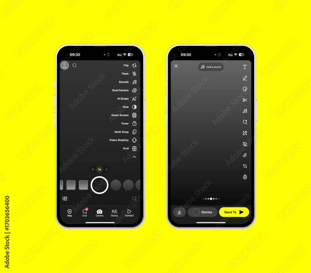 Snapchat UI template 2025 update shown on iPhone 17. Editable vector ...