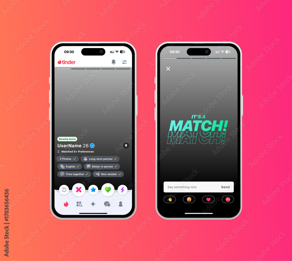 Tinder UI template 2025 update shown on iPhone 17. Editable vector ...