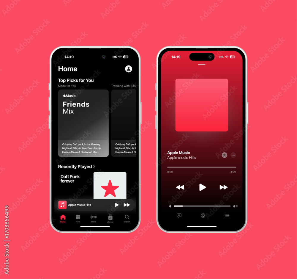 Apple Music UI template 2025 update shown on iPhone 17. Editable vector ...