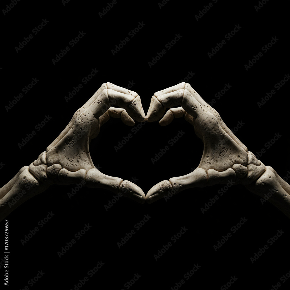 Skeletal hands forming a heart symbol, a macabre concept of love beyond ...