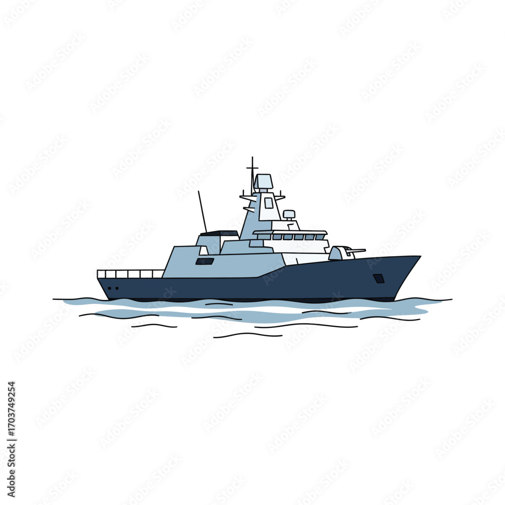 Naval combat vessel illustration showing a modern military frigate ...