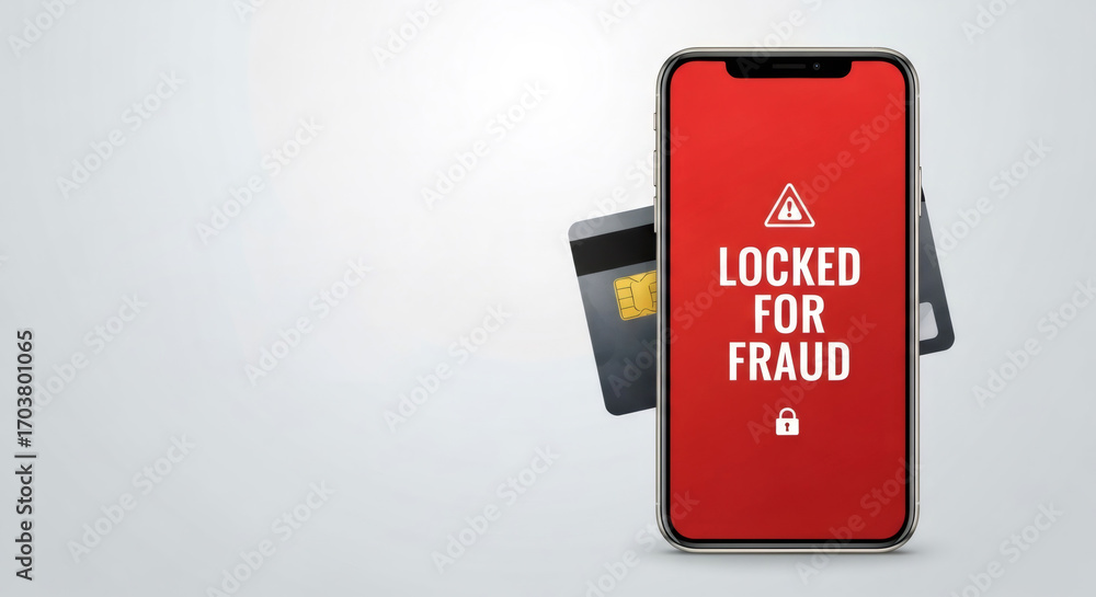 Mobile phone with "Locked for fraud" message on screen and bank card ...