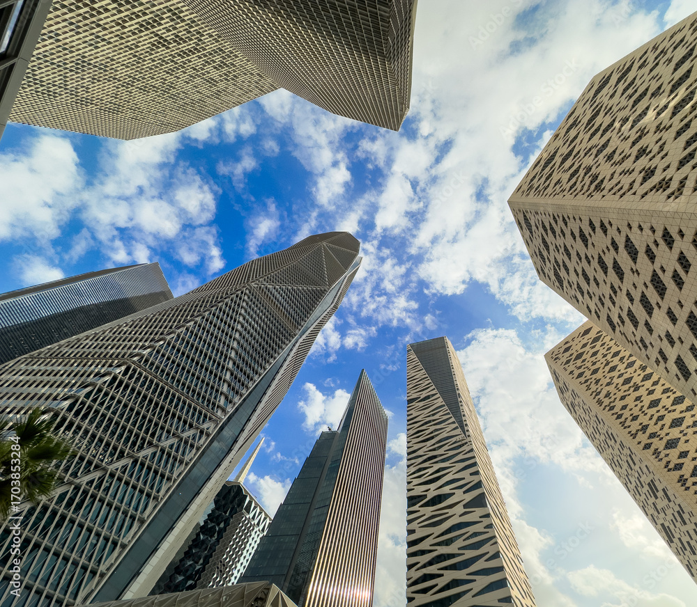 Stock-Foto „View from below of the facades of the high-rise buildings ...