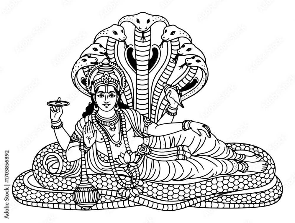 Lord Vishnu reclining on the serpent Shesha naga line drawing Stock ...