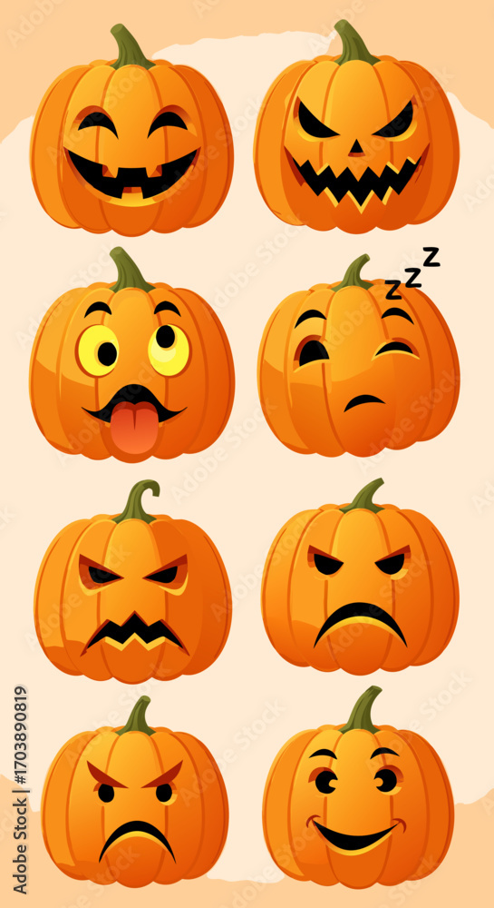 A vector set of jack-o'-lanterns with various facial expressions. This ...