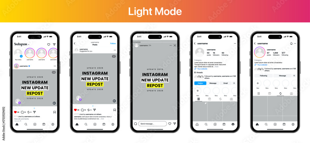 Instagram UI template 2025 update shown on iPhone 17 light mode ...
