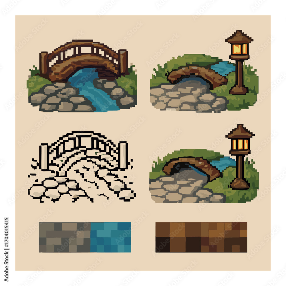 Pixel art bridges with color variations and stone pathways Stock Vector ...