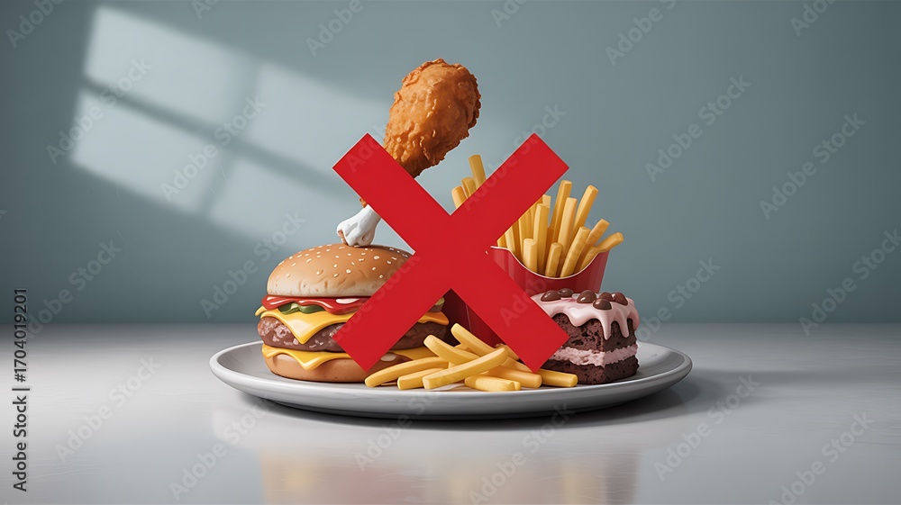 Photo Stock Unhealthy fast food meal with burger fries chicken and cake ...