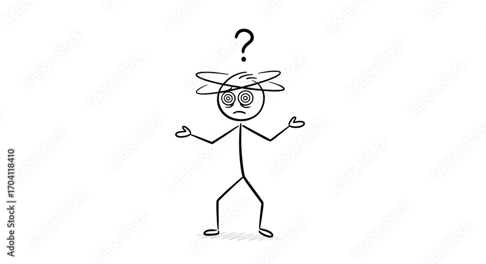 Confused Stick Figure with Question Mark and Swirling Head, Expressing ...