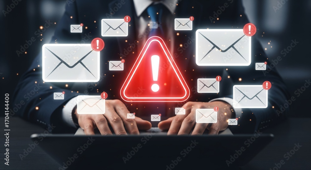 Email Scam Alert and Phishing Warning with Exclamation Mark Sign on ...