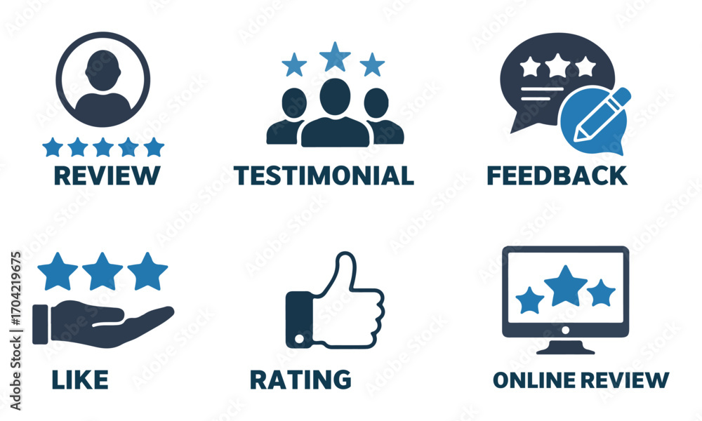 Blue icons represent diverse customer feedback mechanisms for measuring ...
