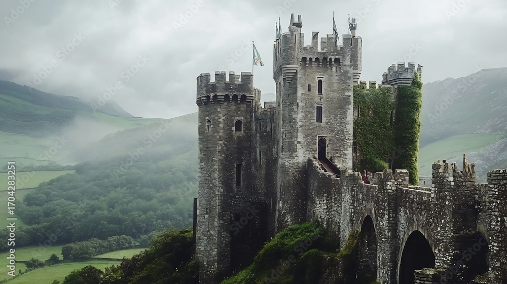 Medieval castle on a hilltop surrounded by misty mountains with a ...