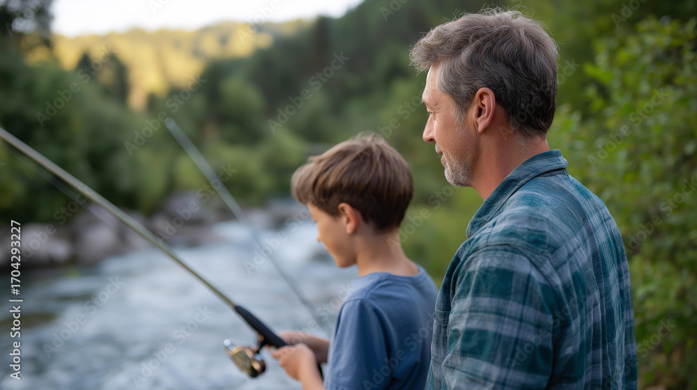 Middle aged man and boy reeling in a fish by a river rods taut their ...