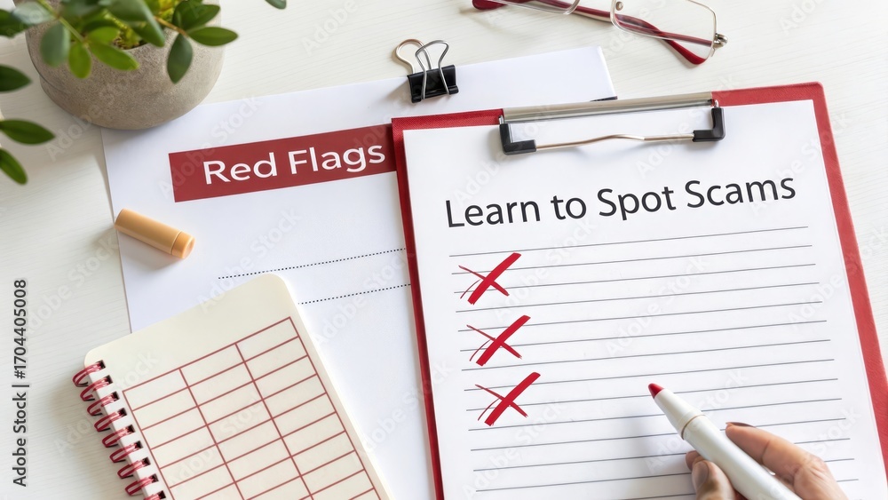 Learn to Identify Warning Signs of Scams with Checklist and Notes Stock ...