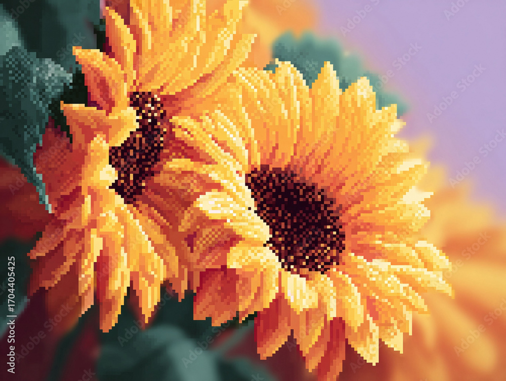 A pixelated floral art piece. Sunflowers in vibrant yellows and greens ...